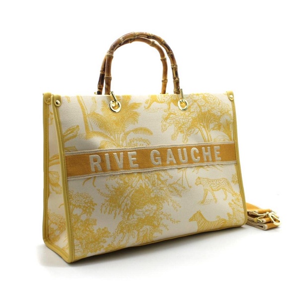 Bags | Rive Gauche Yellow Tote Bag With Bamboo Handles | Poshmark